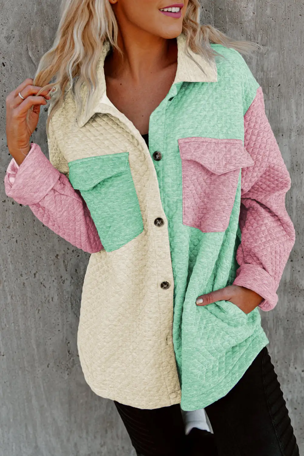 Cozy Quilted Green Color Block Shacket for Winter Daily Wear by ...