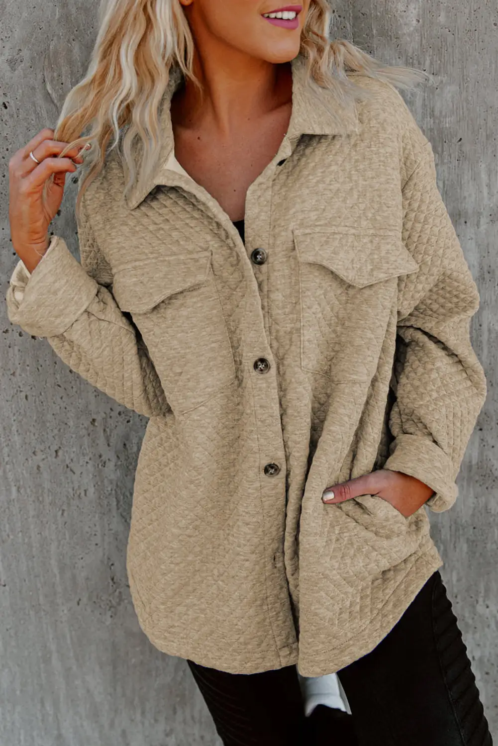Retro Khaki Quilted Shacket for Women, Stylish Casual Outerwear Jacket ...