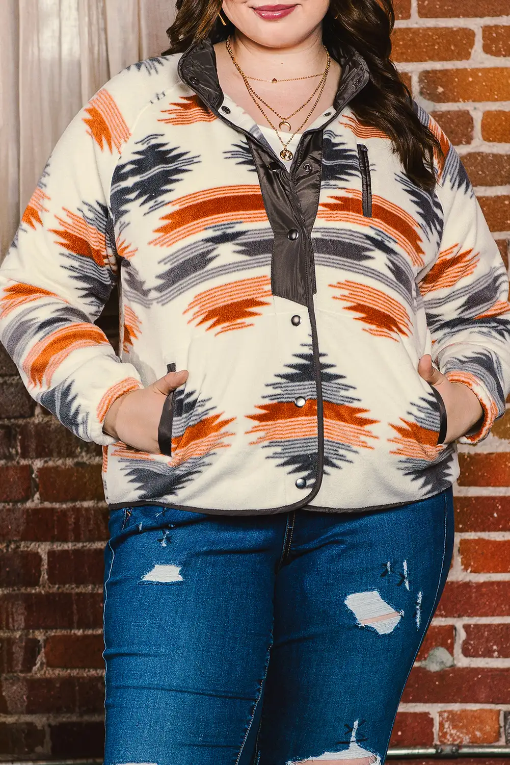 Cozy Gray Aztec Print Plus Size Jacket for Winter Daily Wear in Soft ...